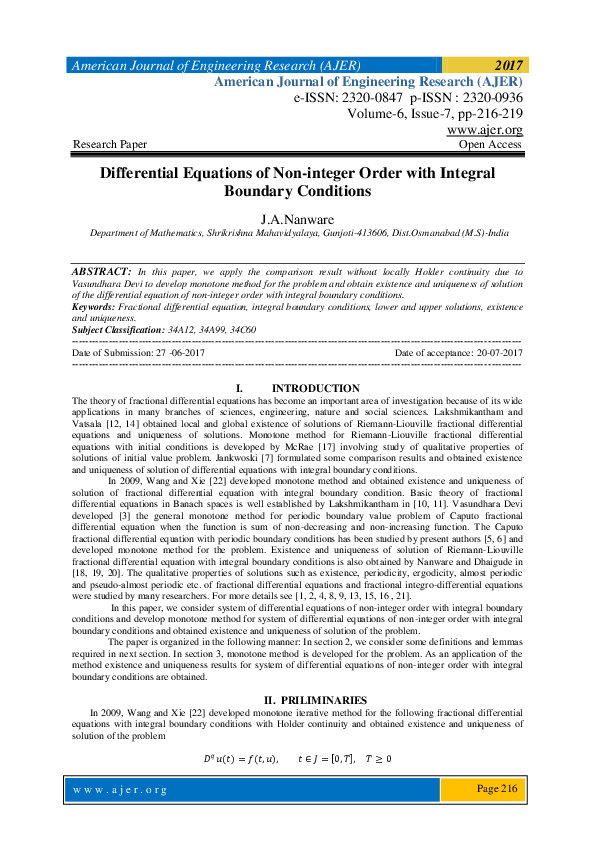 (PDF) Differential Equations of Non-integer Order with Integral Boundary Conditions
