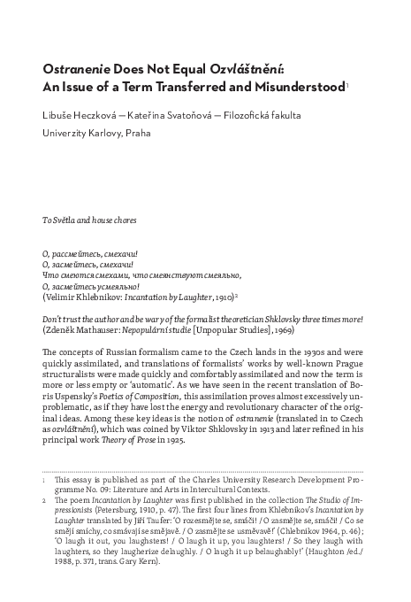(PDF) Ostranenie Does Not Equal Ozvláštnění: An Issue of a Term ...