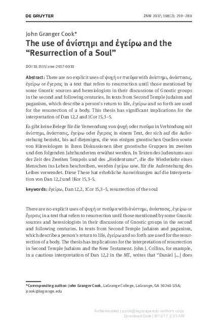 (PDF) The use of ἀνίστημι and ἐγείρω and the " Resurrection of a Soul