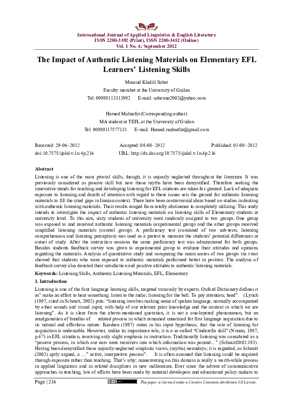 (PDF) The Impact of Authentic Listening Materials on Elementary EFL ...