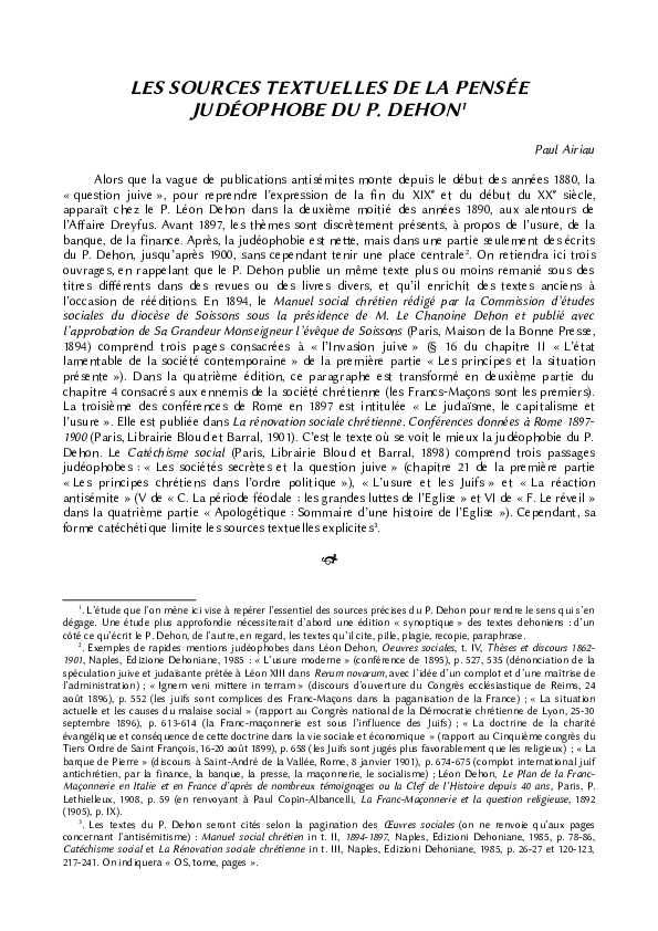 (PDF) Les sources textuelles de la pensée judéophobe du P. Dehon