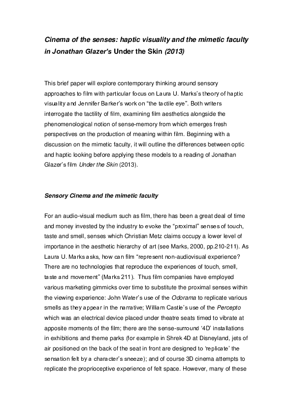 (DOC) Cinema of the senses: haptic visuality and the mimetic faculty in ...