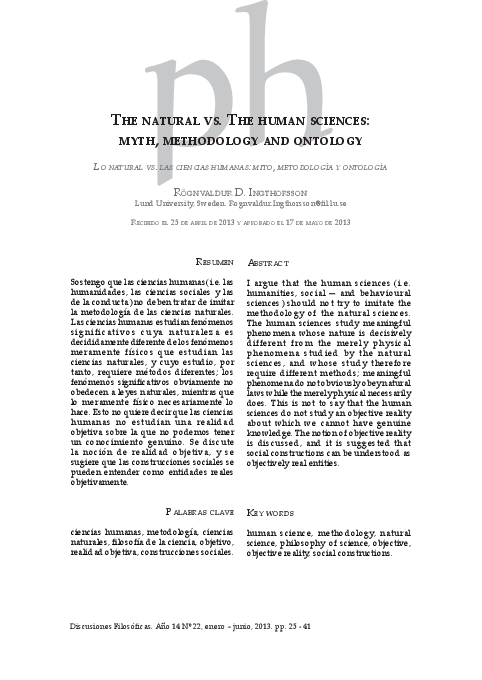 (PDF) The Natural vs. The Human Sciences: Myth, Methodology, and Ontology