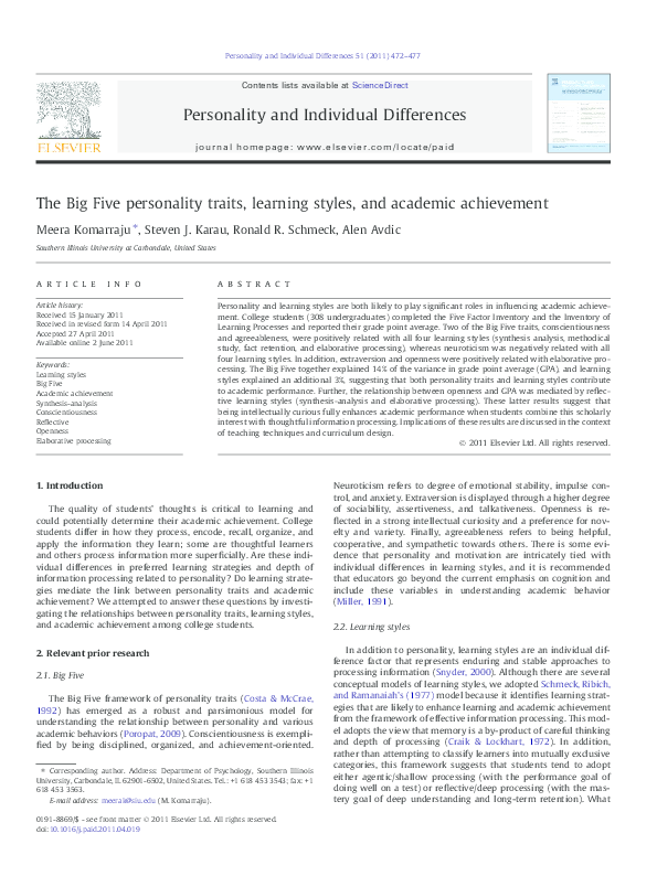 (PDF) The Big Five personality traits, learning styles, and academic ...