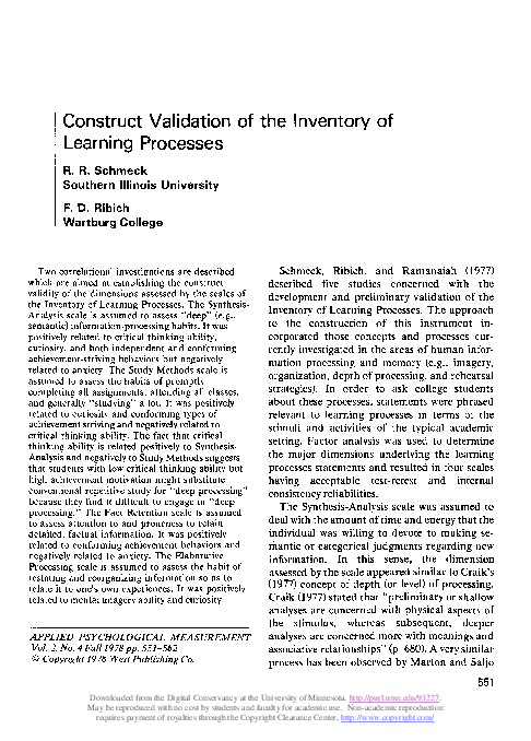 (PDF) Construct Validation of the Inventory of Learning Processes