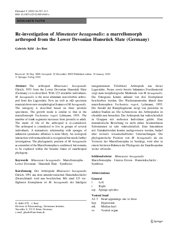 (PDF) Re-investigation of Mimetaster hexagonalis: a marrellomorph ...
