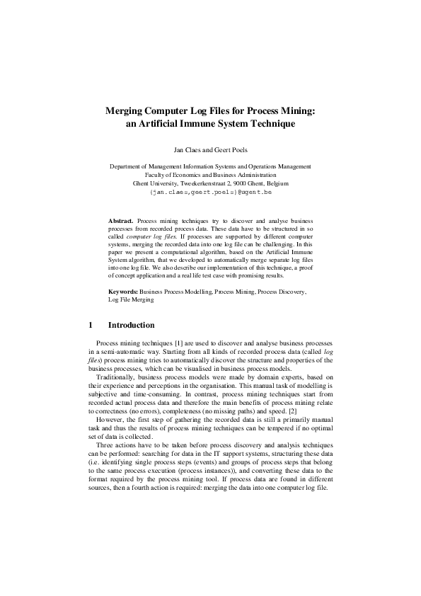 (PDF) Merging Computer Log Files for Process Mining: an Artificial Immune System Technique | Jan ...