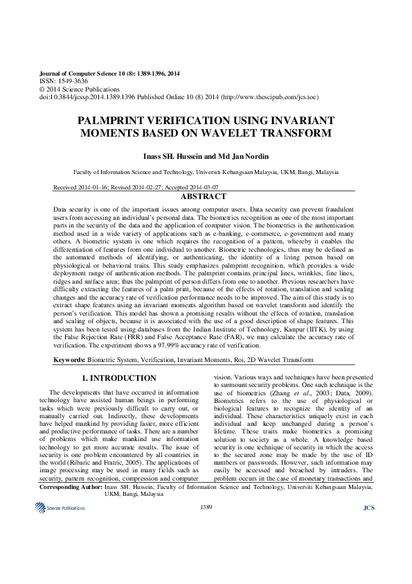 Pdf Palmprint Verification Using Invariant Moments Based On Wavelet