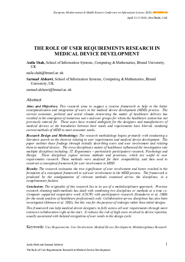 (PDF) The role of user requirements research in medical device development