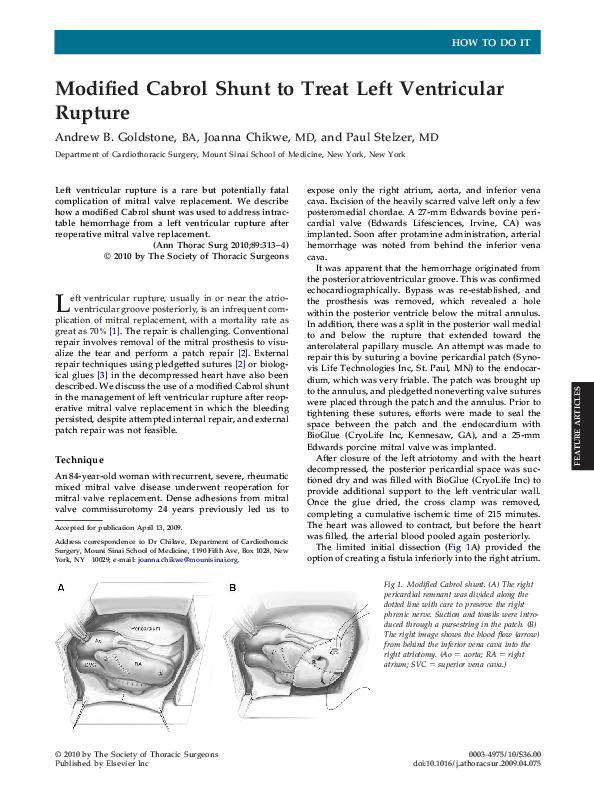 (PDF) Modified Cabrol Shunt to Treat Left Ventricular Rupture