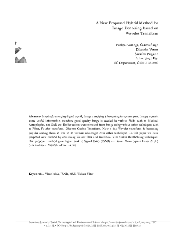 Pdf A New Proposed Hybrid Method For Image Denoising Based On Wavelet Transform