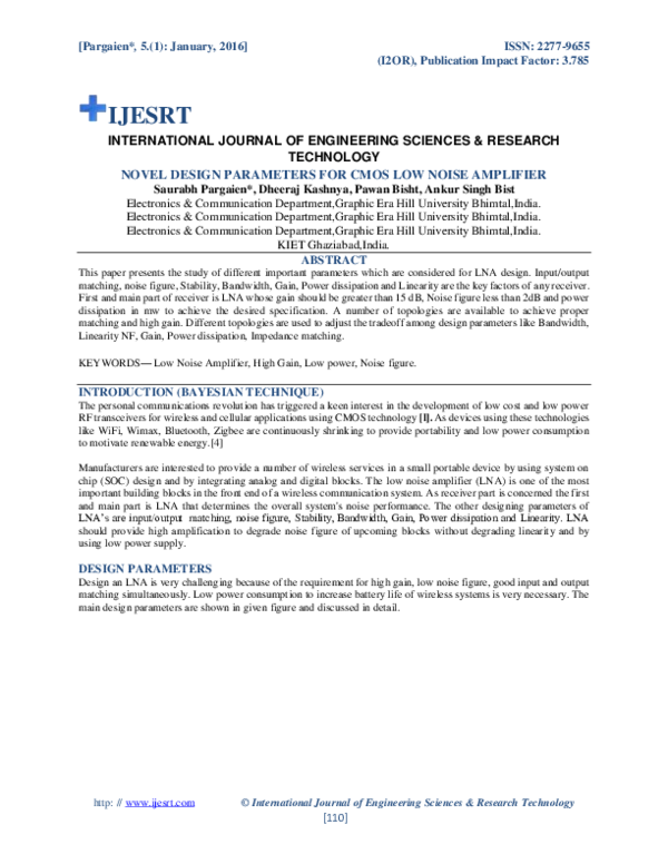 (PDF) NOVEL DESIGN PARAMETERS FOR CMOS LOW NOISE AMPLIFIER