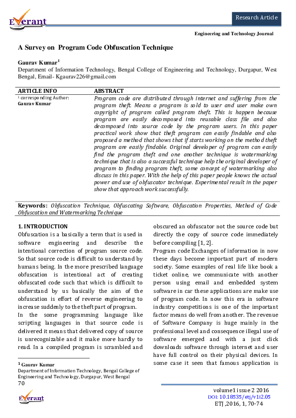 (PDF) A Survey on Program Code Obfuscation Technique