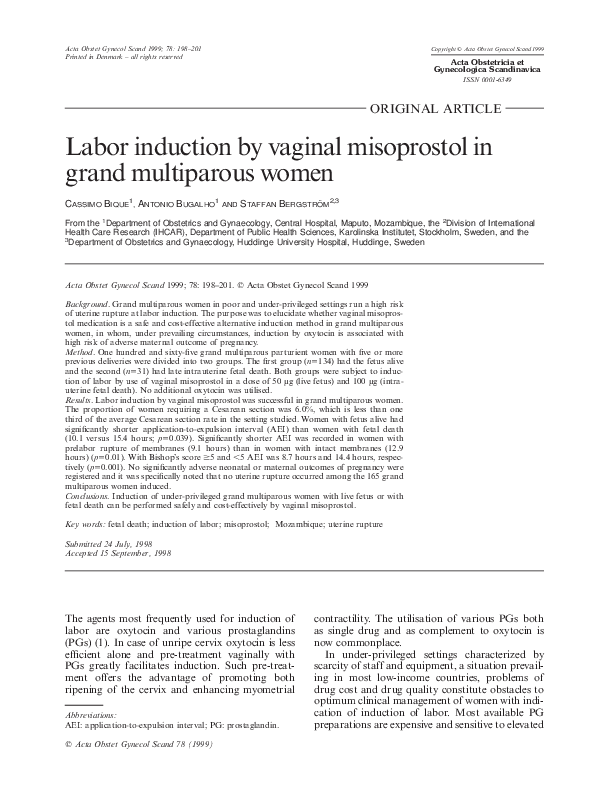 (PDF) Labor induction by vaginal misoprostol in grand multiparous women ...