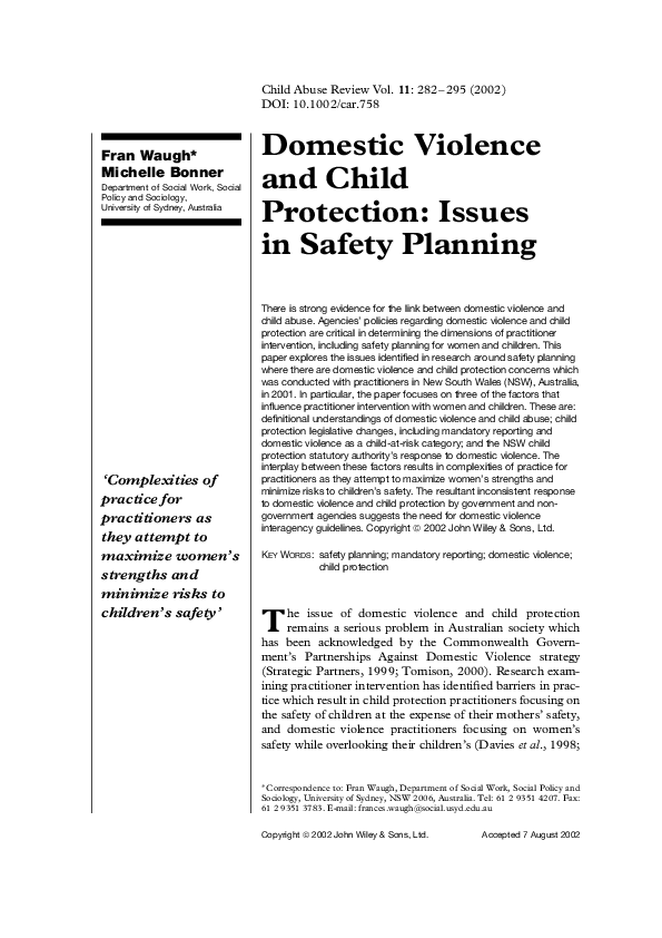 (PDF) Domestic violence and child protection: issues in safety planning