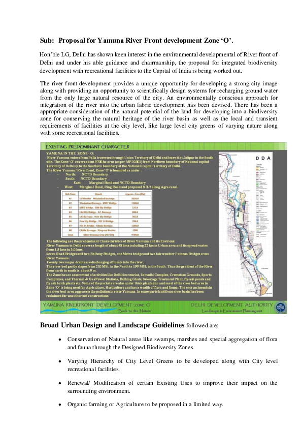 (PDF) Sub: Proposal for Yamuna River Front development Zone 'O'