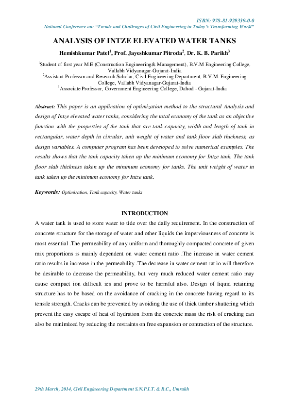 (PDF) ANALYSIS OF INTZE ELEVATED WATER TANKS