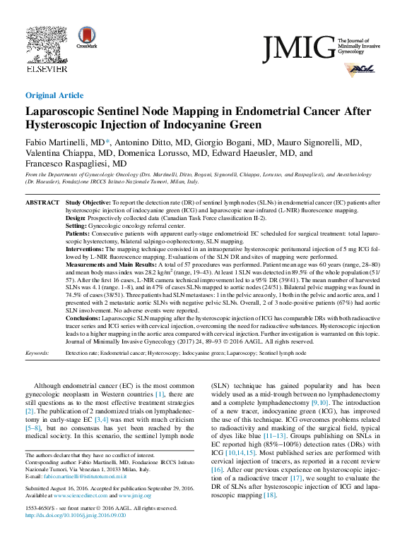(PDF) Laparoscopic Sentinel Node Mapping in Endometrial Cancer After Hysteroscopic Injection of ...
