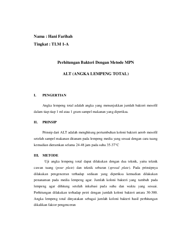 (DOC) Perhitungan Bakteri Dengan Metode MPN ALT (ANGKA LEMPENG TOTAL