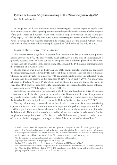 (PDF) Pythian or Delian? A Cycladic reading of the Homeric Hymn to Apollo