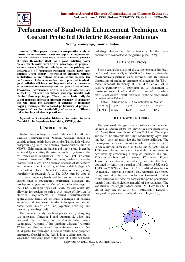 (PDF) Performance of Bandwidth Enhancement Technique on Coaxial Probe fed Dielectric Resonator ...