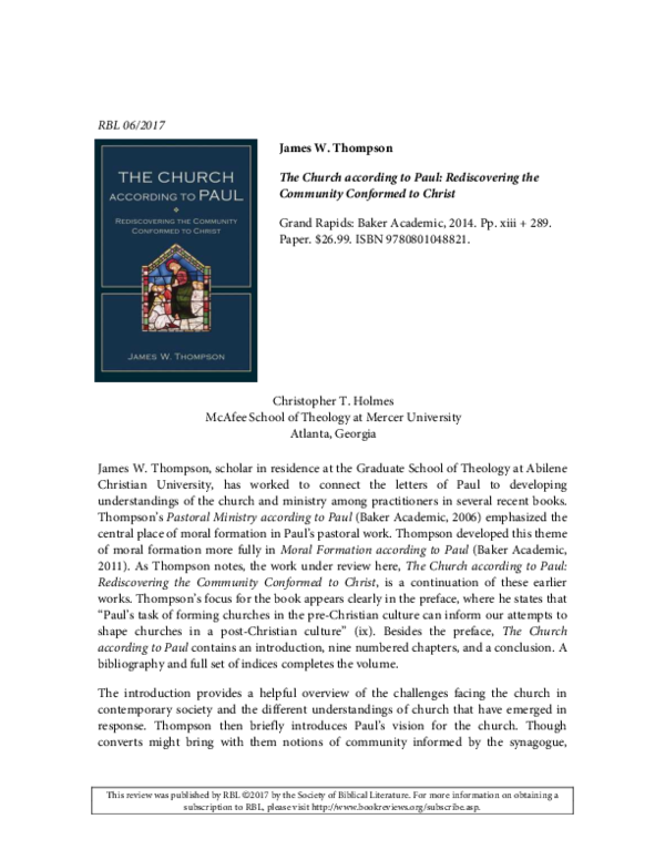 (PDF) Review of James W. Thompson, The Church according to Paul ...