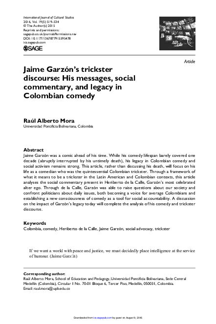 (PDF) Jaime Garzón’s trickster discourse: His messages, social commentary, and legacy in ...