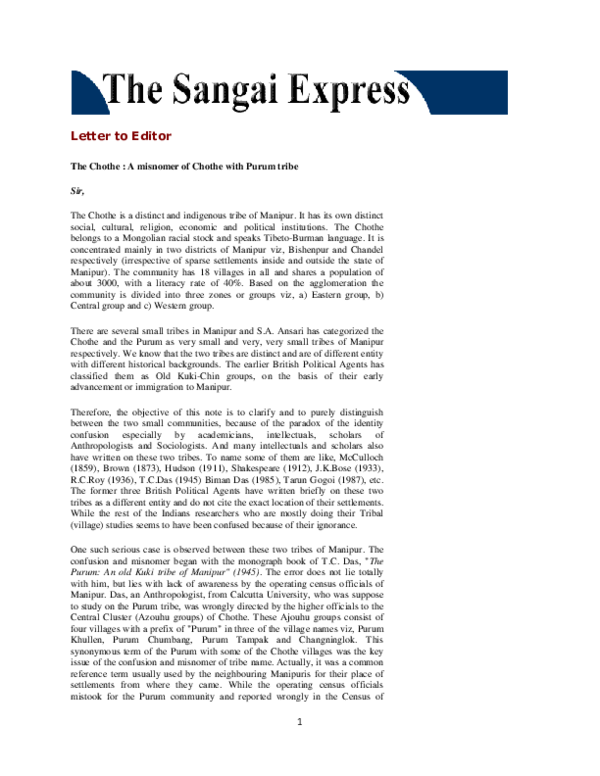 (PDF) The Chothe : A misnomer of Chothe with Purum tribe