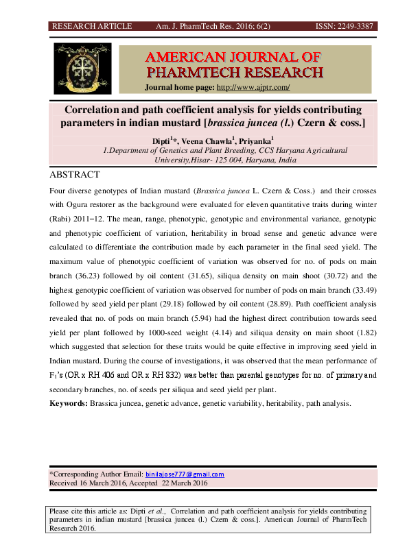 Pdf Correlation And Path Analysis For Yield Contributing Parameters