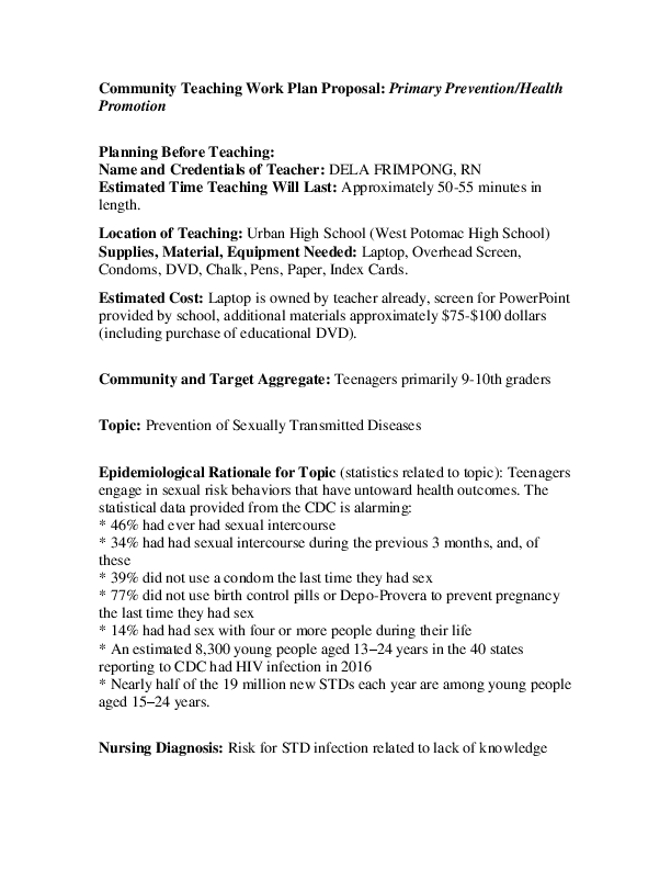 (DOC) Community Teaching Work Plan Proposal: Primary Prevention/Health ...