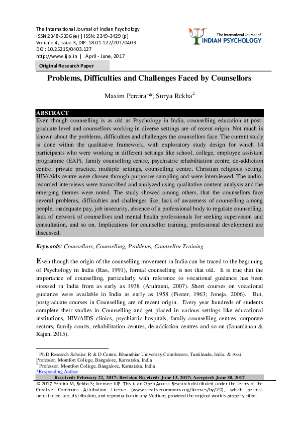 (PDF) Problems, Difficulties and Challenges Faced by Counsellors