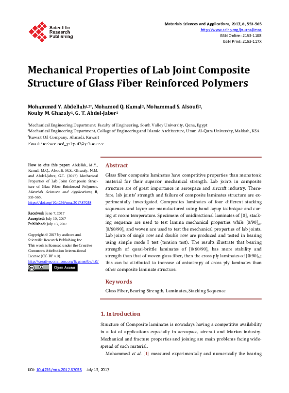 (PDF) Mechanical Properties of Lab Joint Composite Structure of Glass Fiber Reinforced Polymers