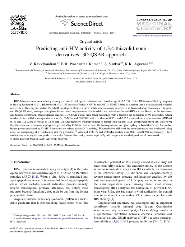 (PDF) Predicting anti-HIV activity of 1,3,4-thiazolidinone derivatives: 3D-QSAR approach ...