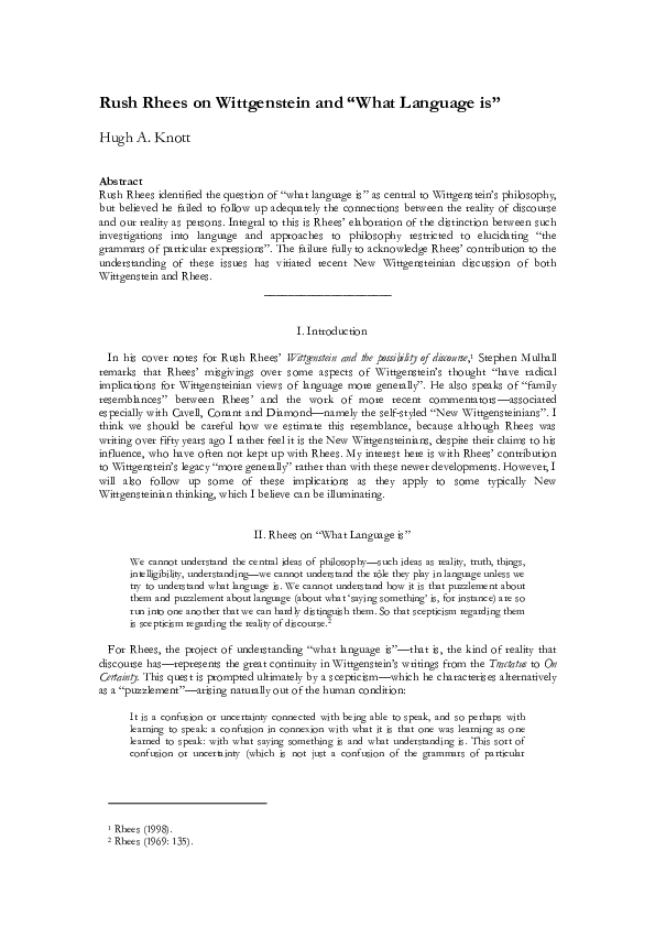 (PDF) Rush Rhees on Wittgenstein and “What Language Is”