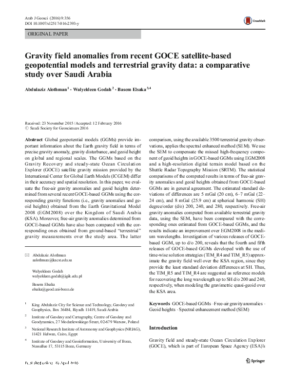 (PDF) Gravity field anomalies from recent GOCE satellite-based geopotential models and ...