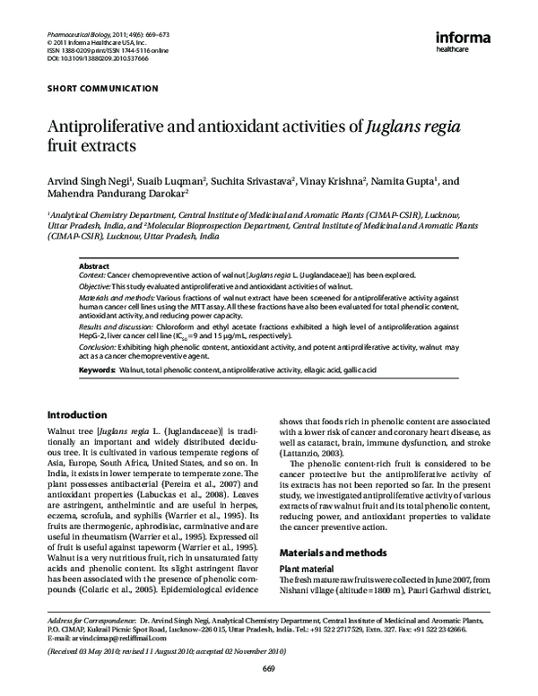 (PDF) Antiproliferative and antioxidant activities of Juglans regia fruit extracts