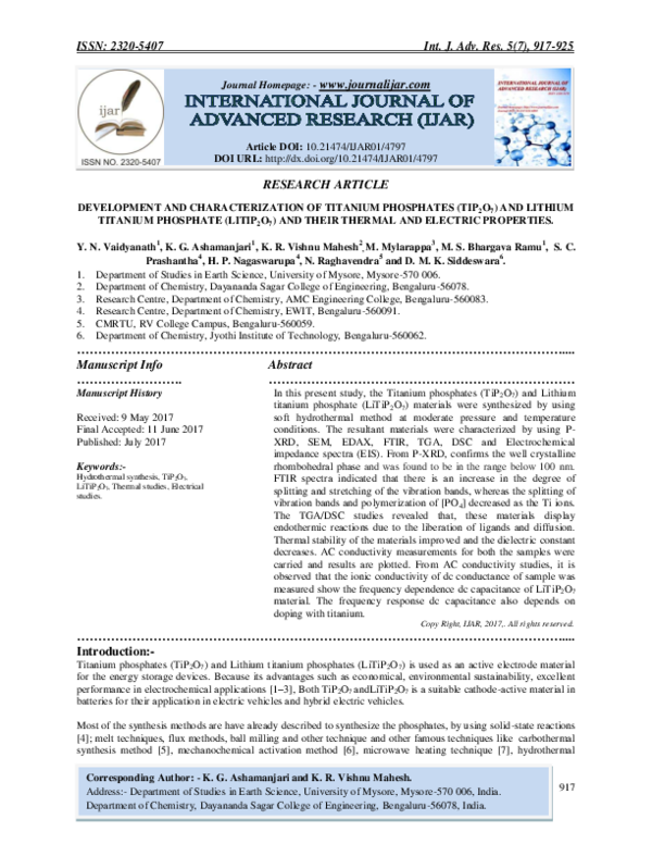 (PDF) DEVELOPMENT AND CHARACTERIZATION OF TITANIUM PHOSPHATES (TIP 2 O ...