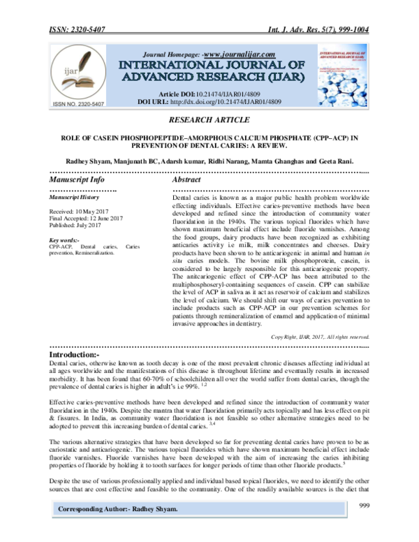 Pdf Role Of Casein Phosphopeptide Amorphous Calcium Phosphate Cpp Acp In Prevention Of