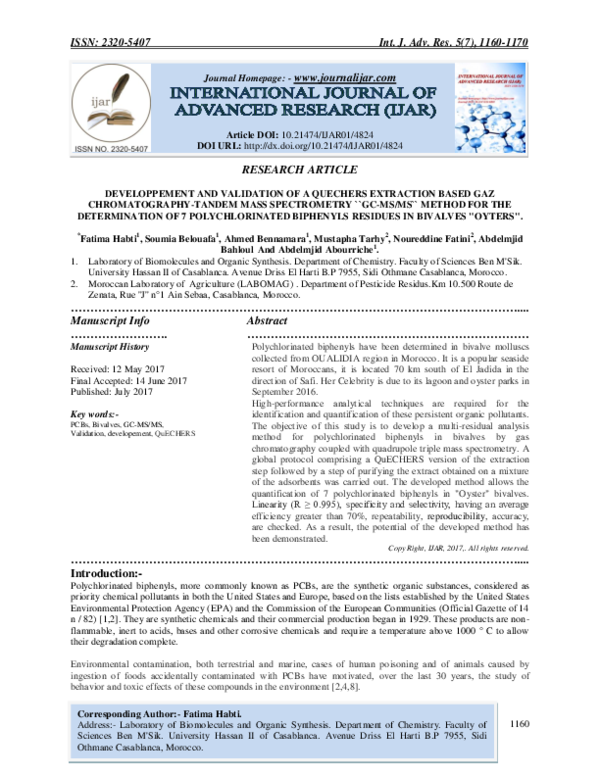 (PDF) DEVELOPPEMENT AND VALIDATION OF A QUECHERS EXTRACTION BASED GAZ CHROMATOGRAPHY-TANDEM MASS ...