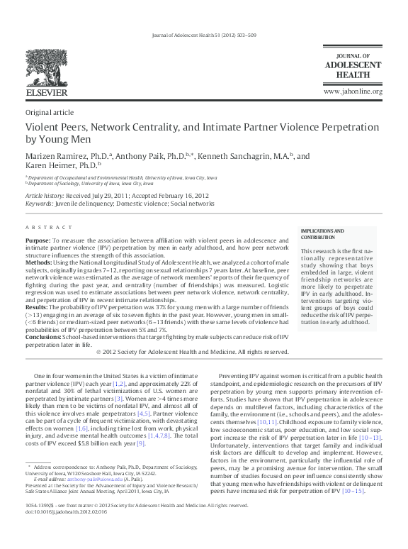 (PDF) Violent Peers, Network Centrality, and Intimate Partner Violence Perpetration by Young Men