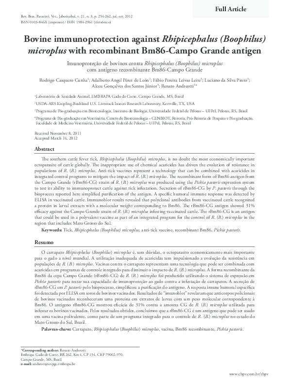 (PDF) Bovine immunoprotection against Rhipicephalus (Boophilus) microplus with recombinant Bm86 ...
