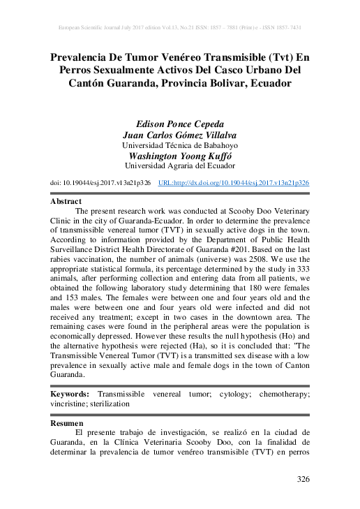 (PDF) Prevalencia De Tumor Venéreo Transmisible (Tvt) En Perros ...