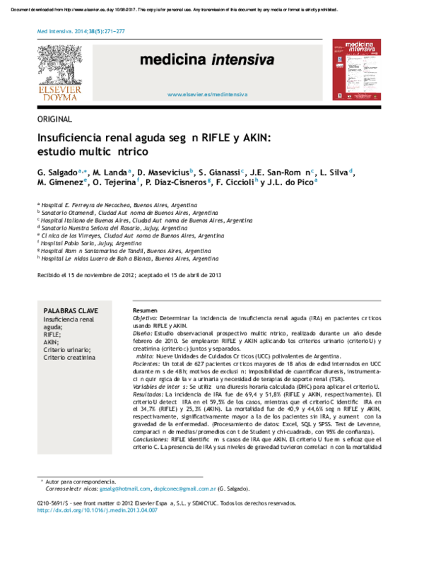 (PDF) Insuficiencia renal aguda según RIFLE y AKIN: estudio multicéntrico