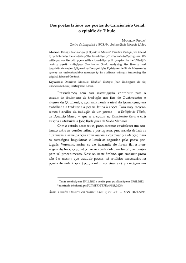 (PDF) Dos poetas latinos aos poetas do Cancioneiro Geral: o epitáfio de ...