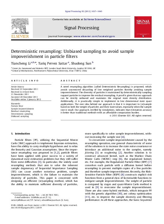 Pdf Deterministic Resampling Unbiased Sampling To Avoid Sample Impoverishment In Particle Filters