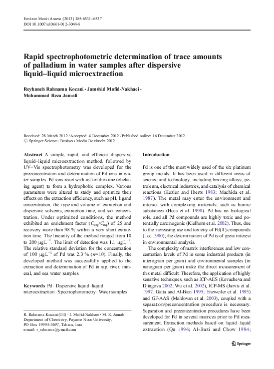 Pdf Rapid Spectrophotometric Determination Of Trace Amounts Of Palladium In Water Samples