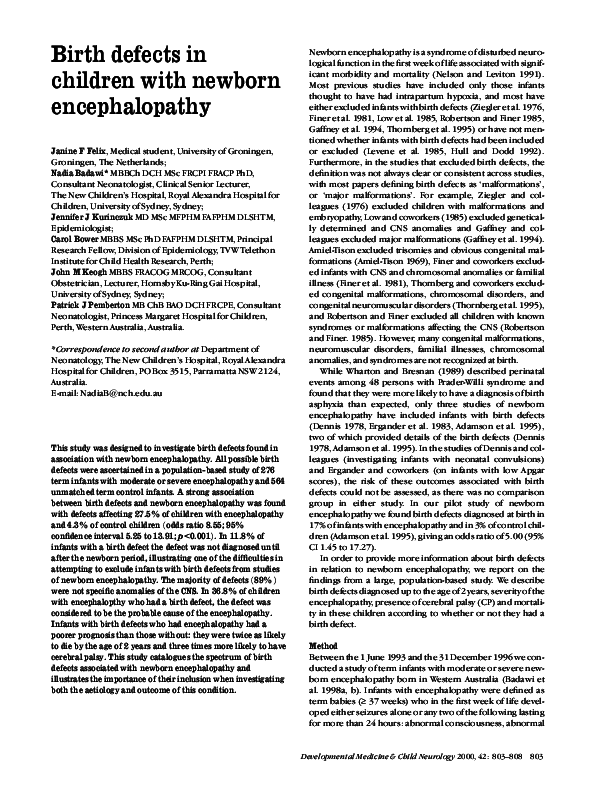 (PDF) Birth defects in children with newborn encephalopathy | Carol ...