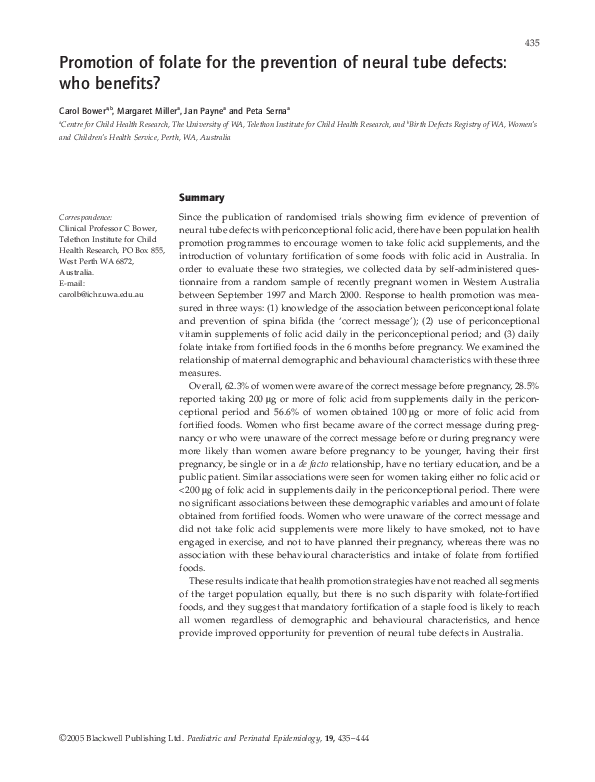 (PDF) Promotion of folate for the prevention of neural tube defects ...