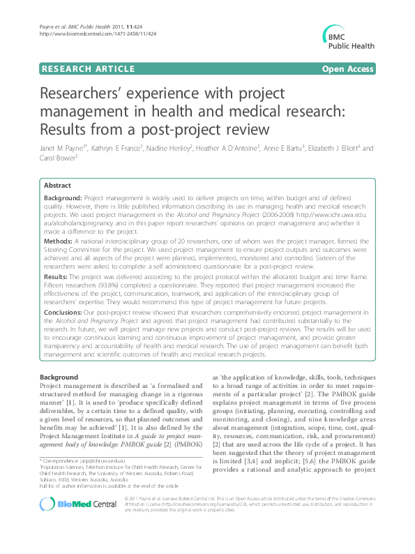(PDF) Researchers' experience with project management in health and ...
