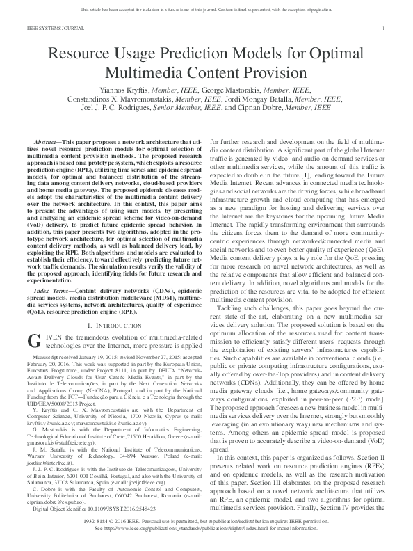 (PDF) Resource Usage Prediction Models for Optimal Multimedia Content Provision